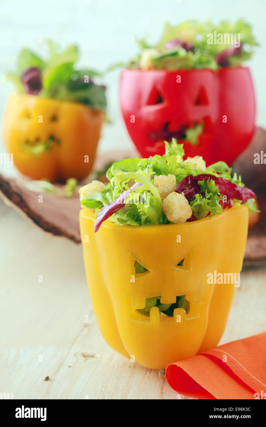 Colorful Halloween food background with creative stuffed red and yellow ...