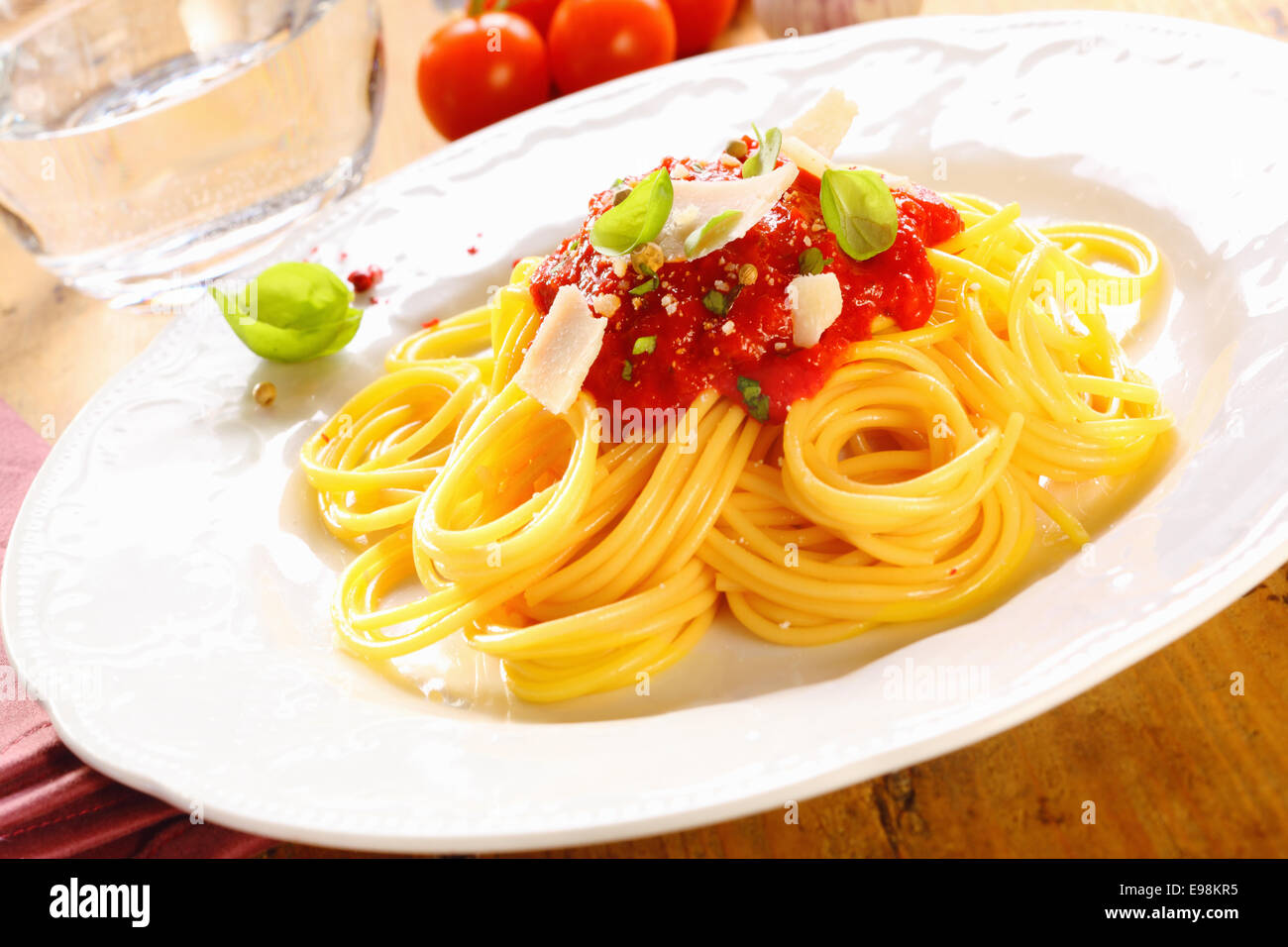 Plate of freshly prepared spaghetti bolognaise with a tomato sauce and ...