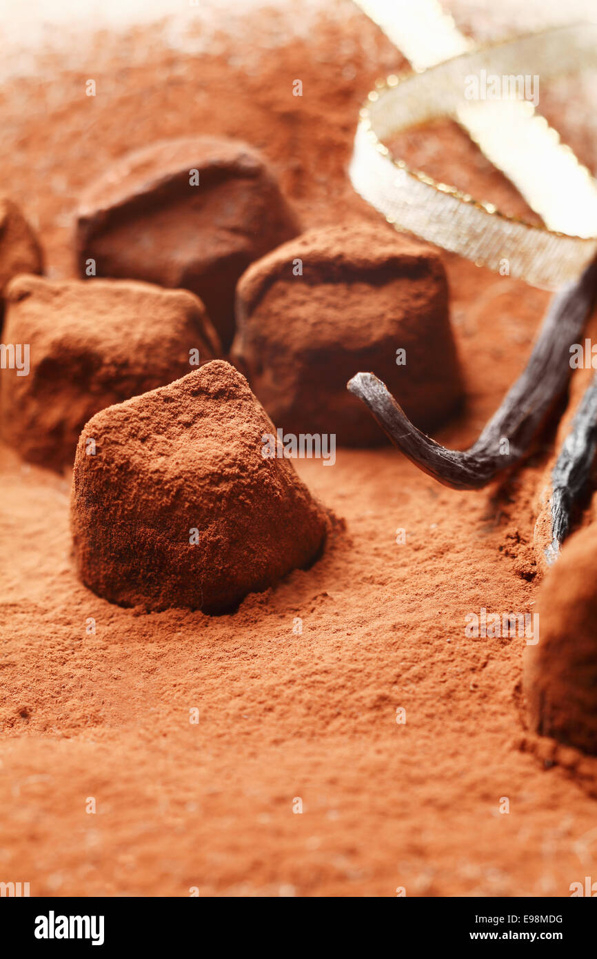 Chocolate pieces of irregular sizes covered in cocoa powder Stock Photo ...