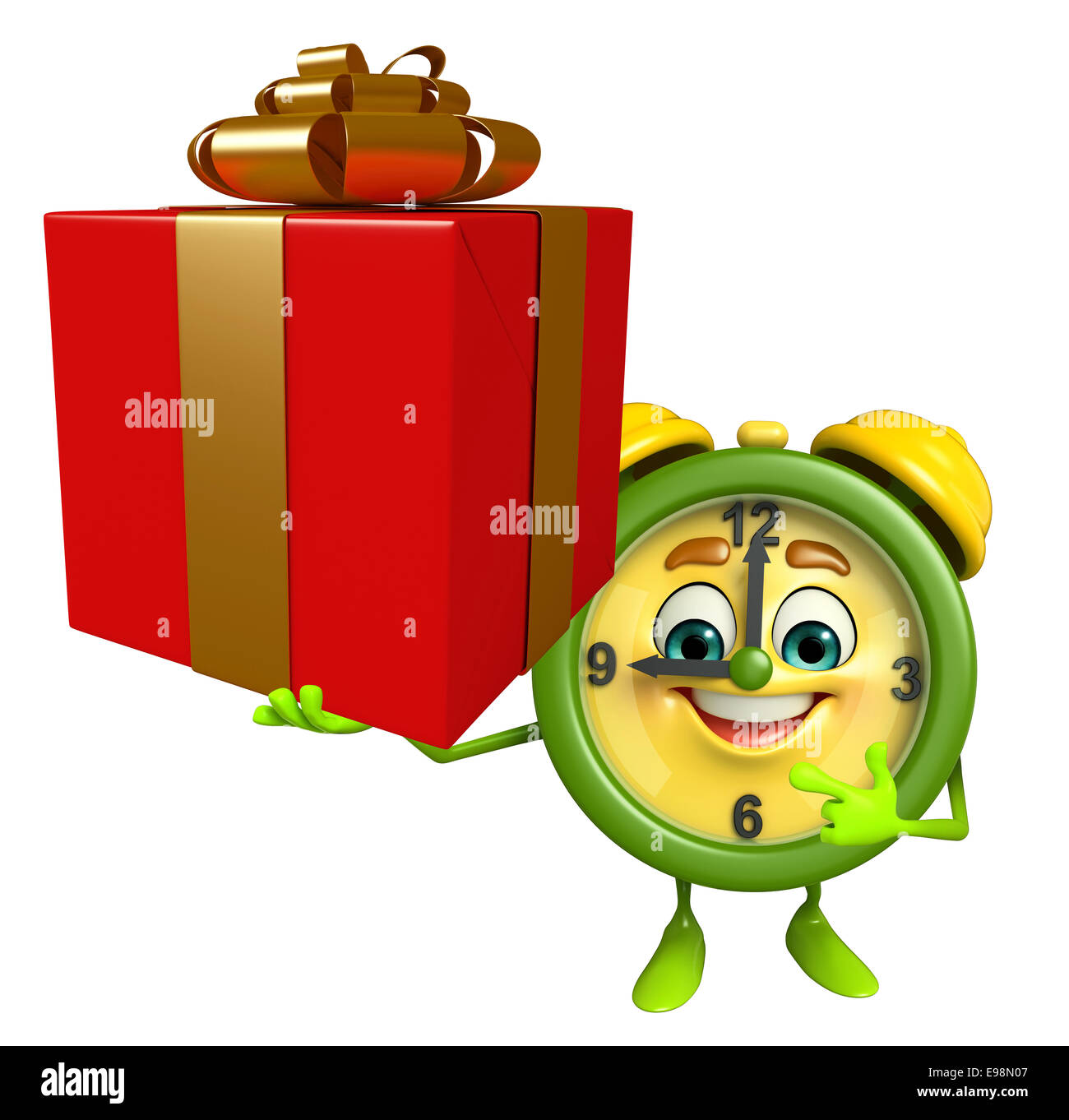 Cartoon Character of table clock with gift box Stock Photo - Alamy