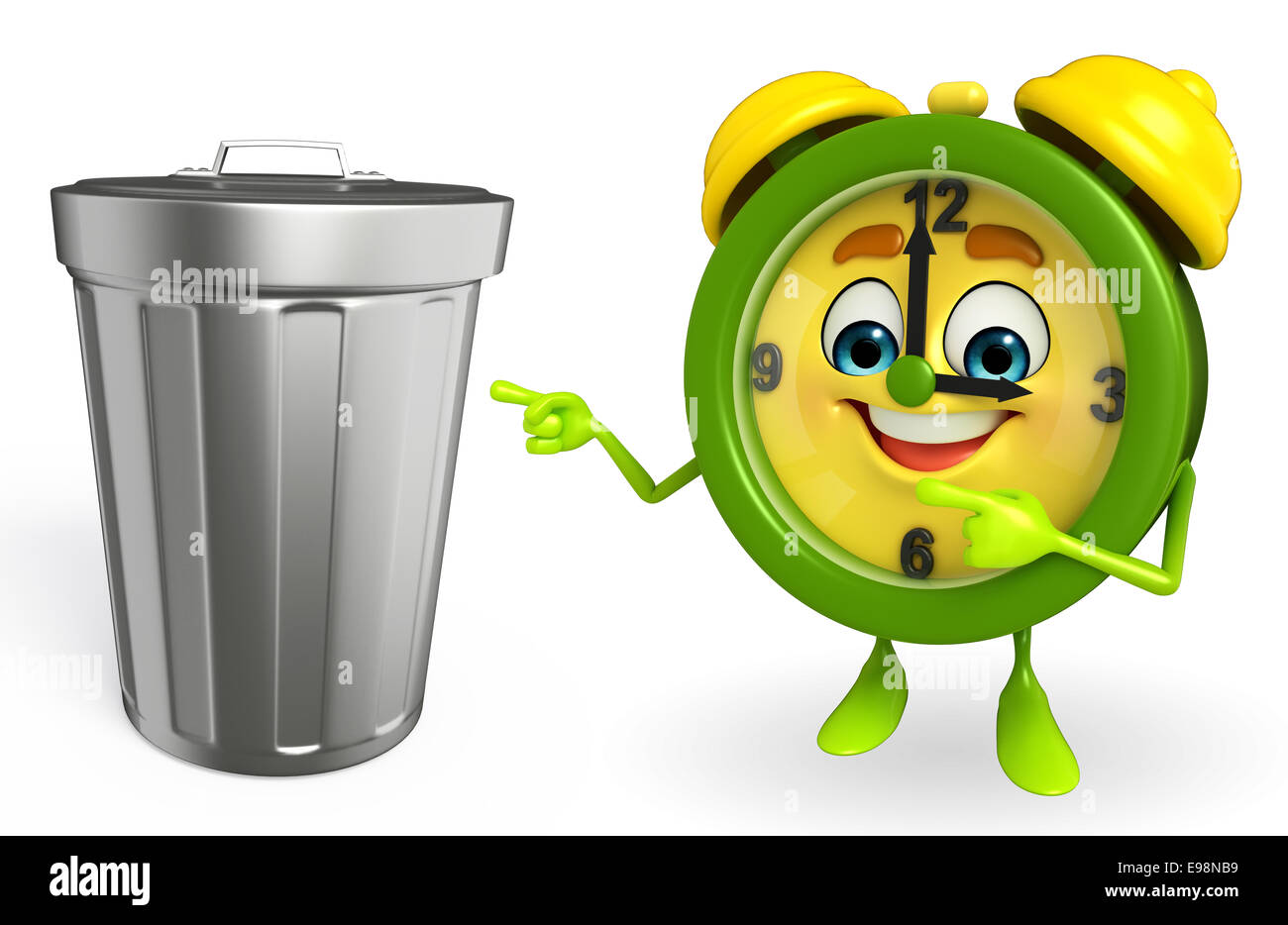 Cartoon Character of table clock with dustbin Stock Photo - Alamy
