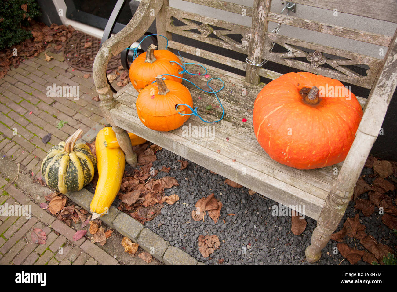 Wooden bench with pumpkins hi-res stock photography and images - Alamy