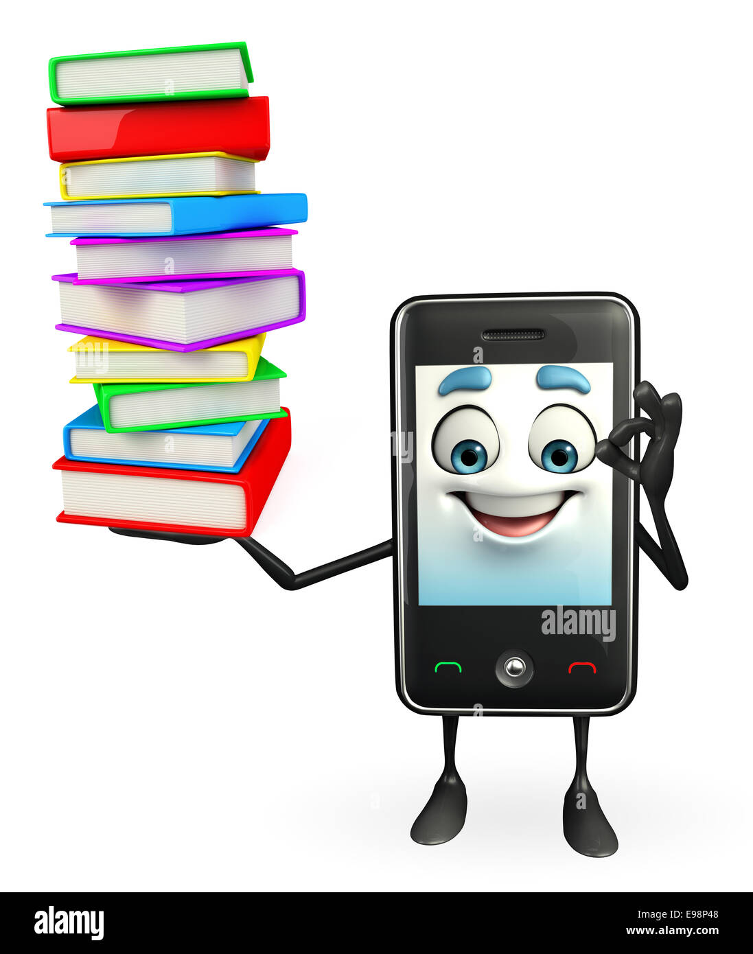 Cartoon Character of Mobile with Books pile Stock Photo - Alamy