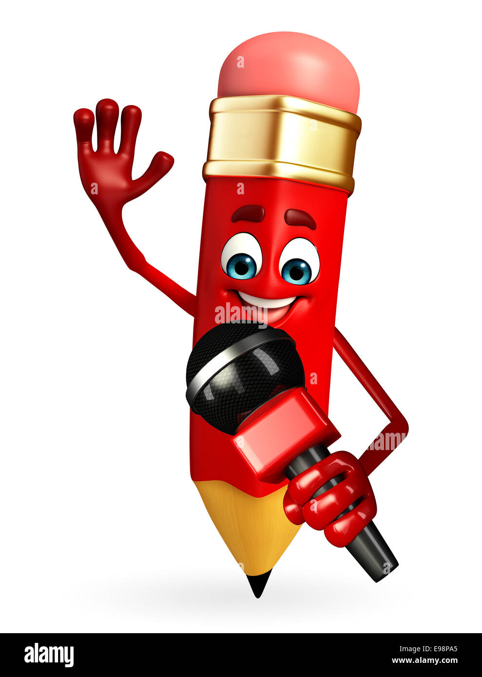 Cartoon Character of pencil with mike Stock Photo - Alamy