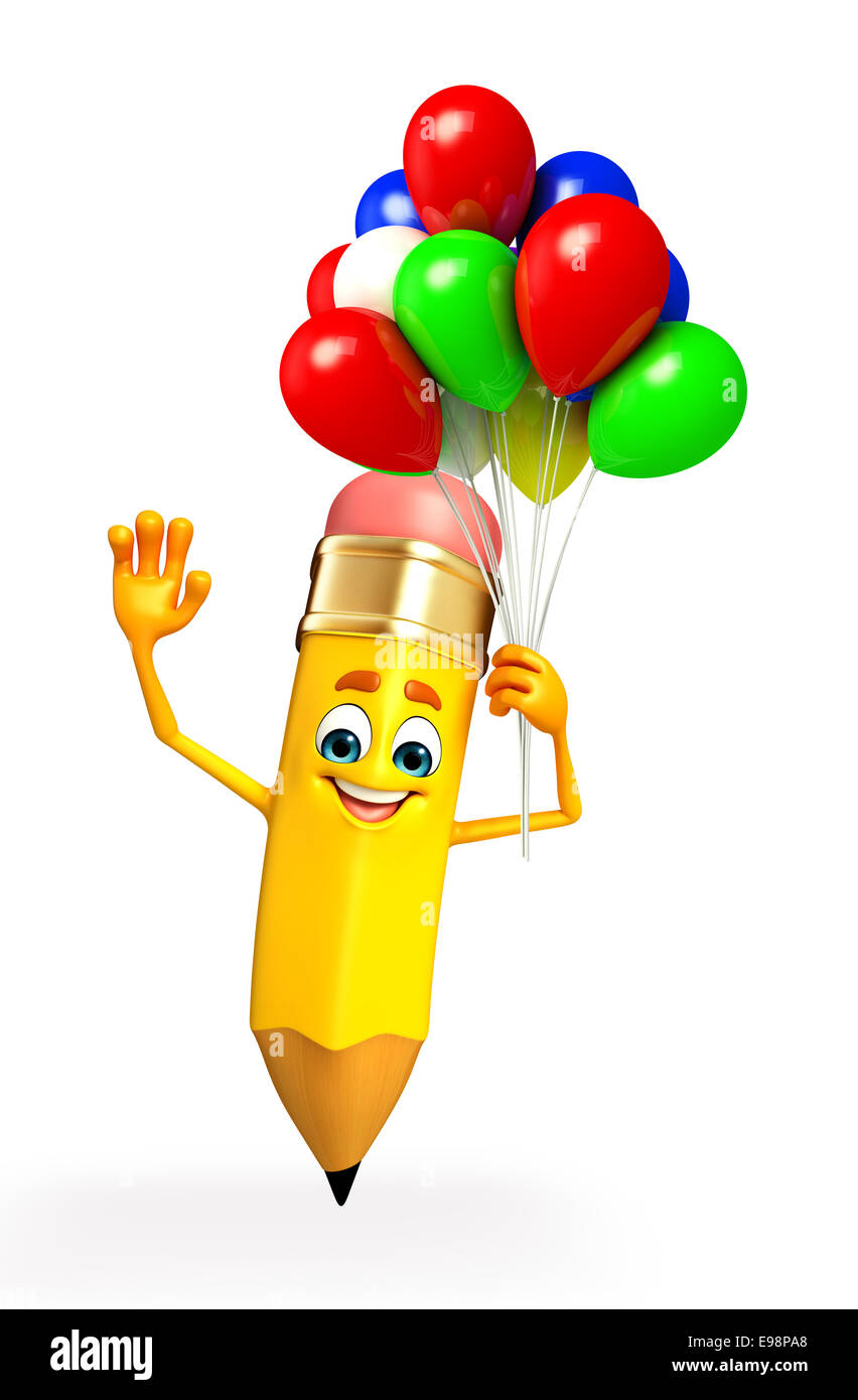 Cartoon Character of pencil with Balloon Stock Photo - Alamy