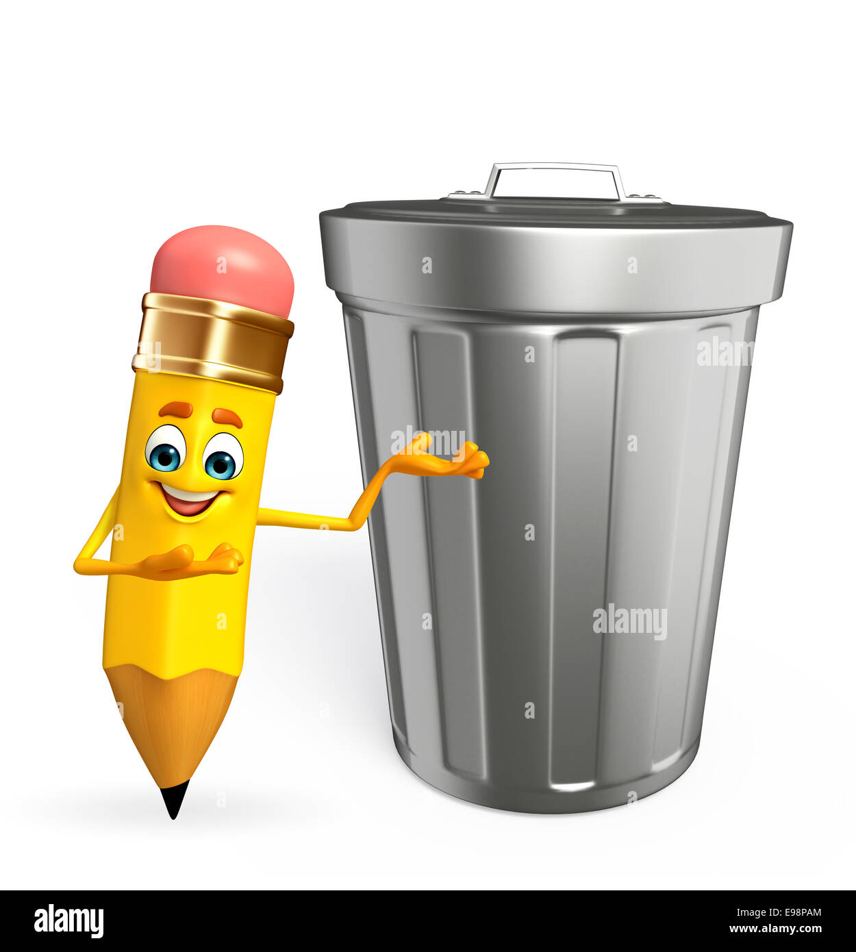 Cartoon Character of pencil with dustbin Stock Photo - Alamy