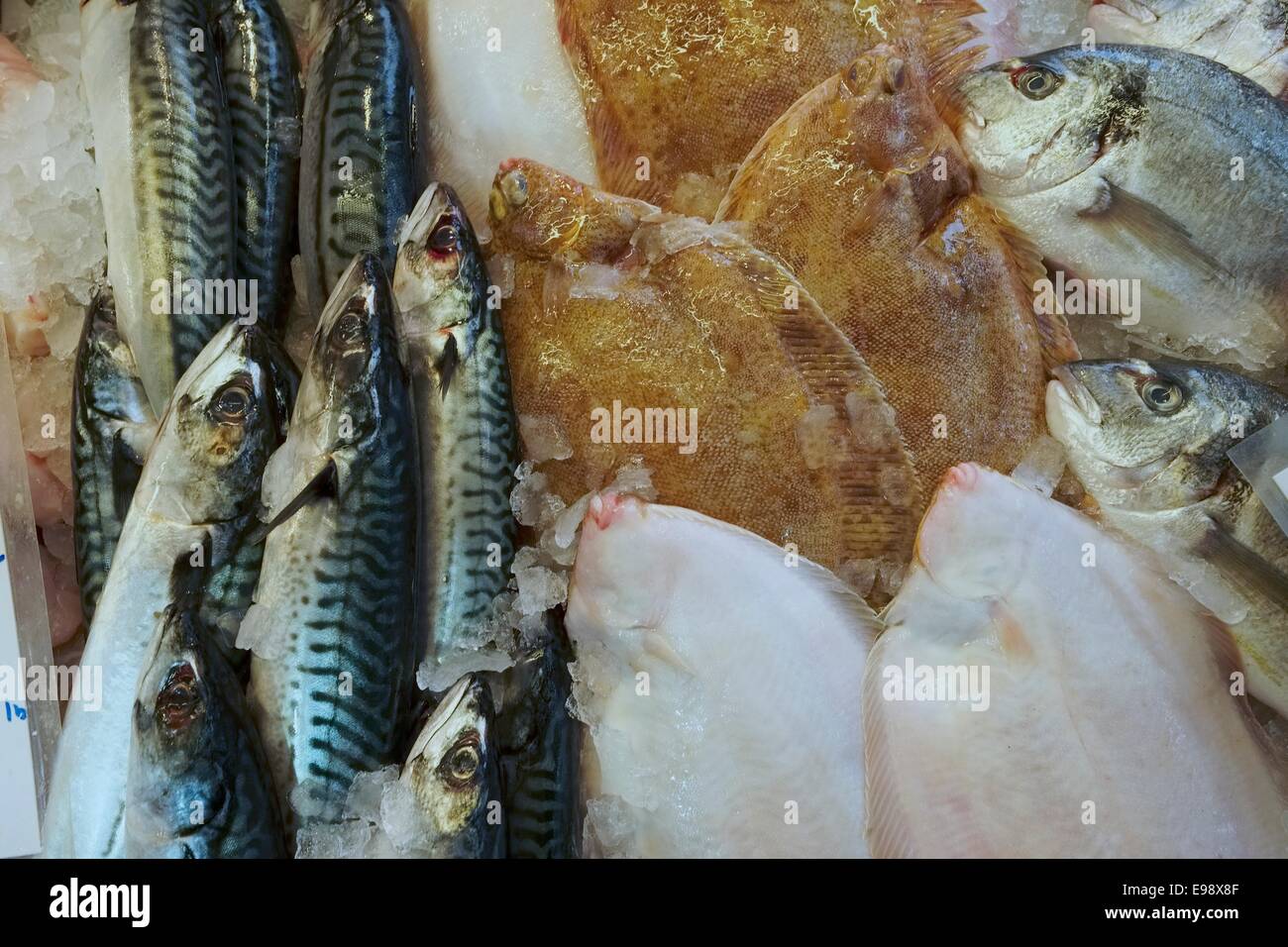 Fresh fish on ice for sale in the traditional Market Hall in Altrincham ...