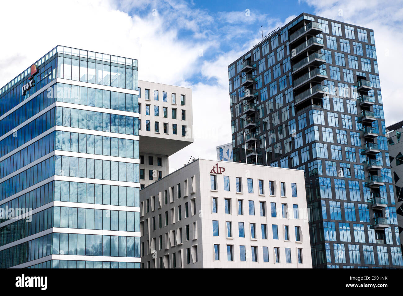 Norwegian modern buildings in a summer morning. Oslo, Ostlandet ...