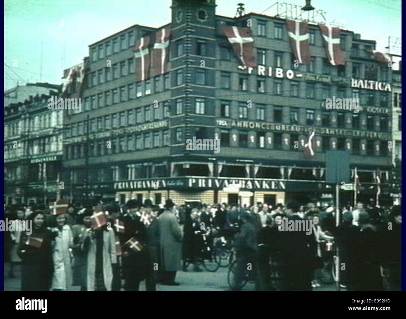 A photograph taken after May 5th, showing flags in the central square ...