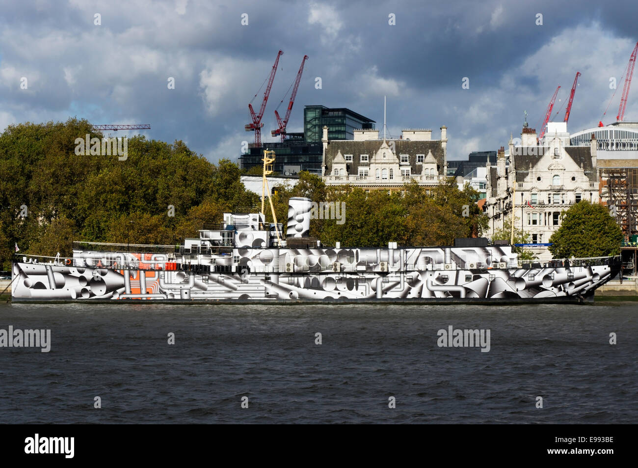 HMS President, moored on north bank of the Thames painted in ...