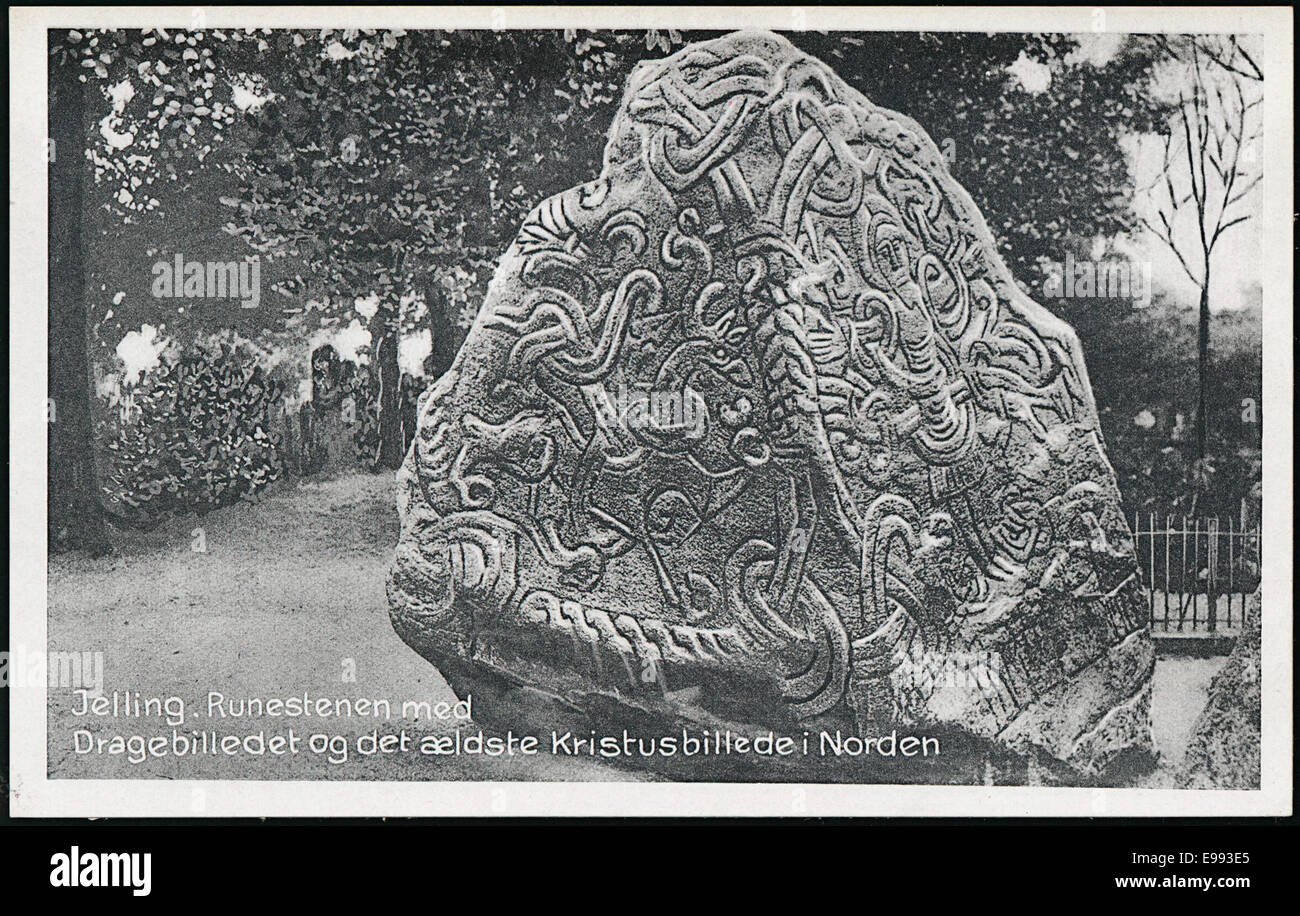 A photograph of a historical runestone associated with Harald Bluetooth ...