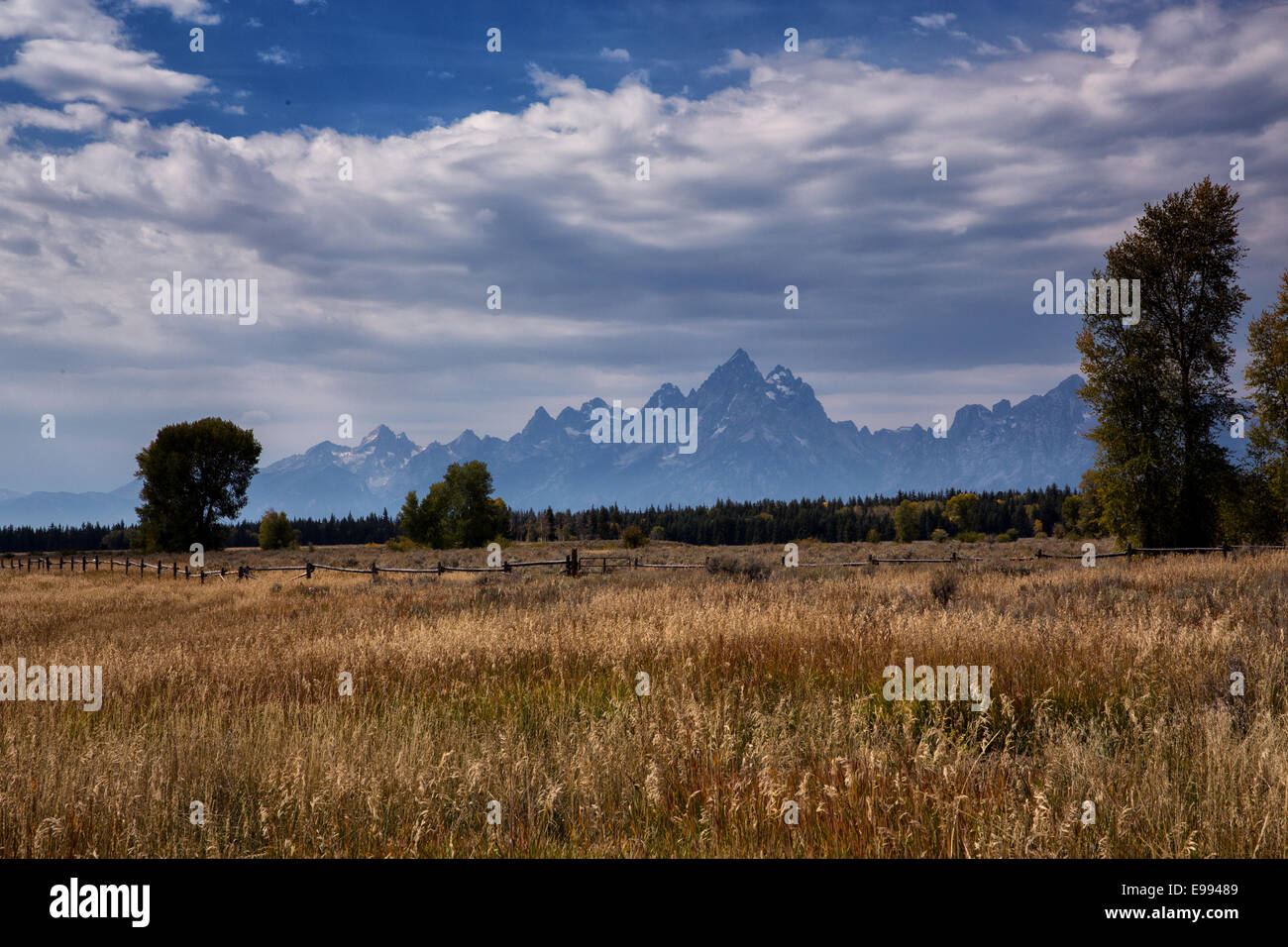Panoramic view of the Teton Range of mountains in Grand Teton National ...
