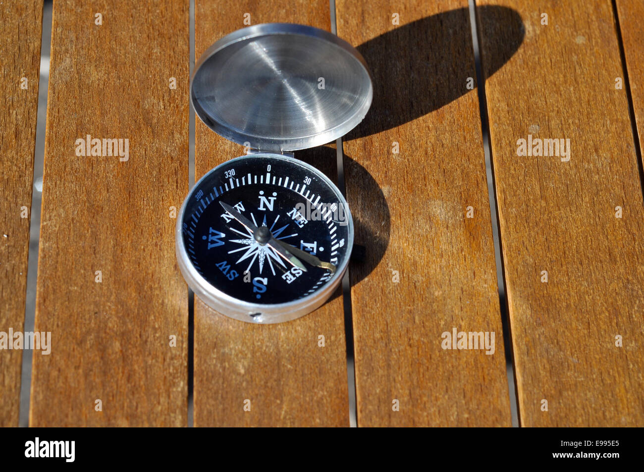 The compass on the boards. Open the magnetic compass lies on the dark ...