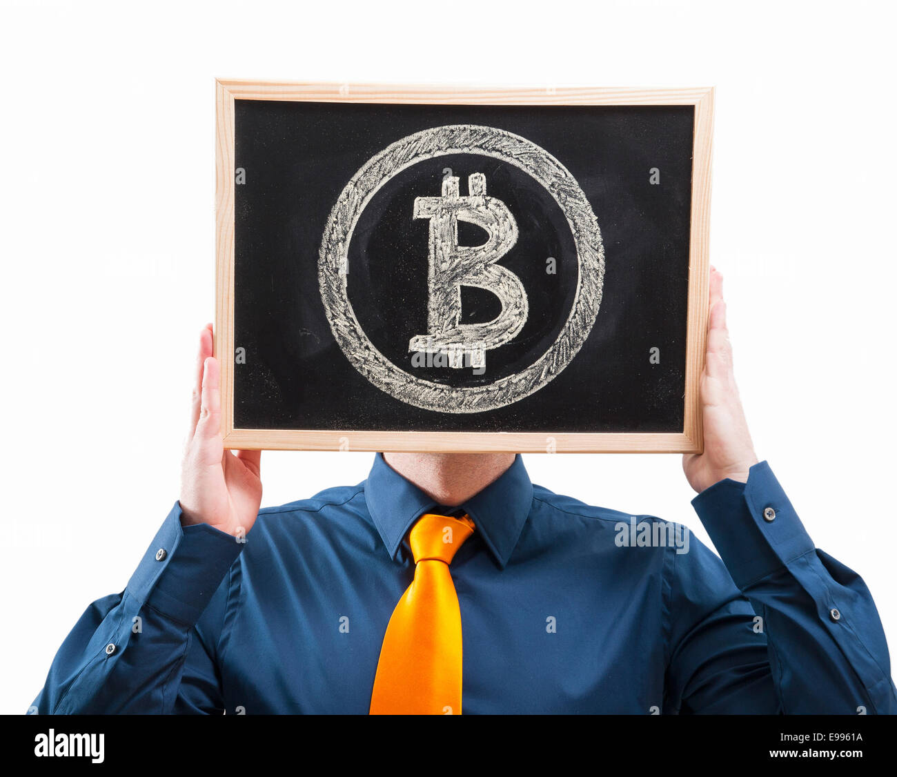 Businessman hiding his face behind bitcoin symbol and isolated on grey ...