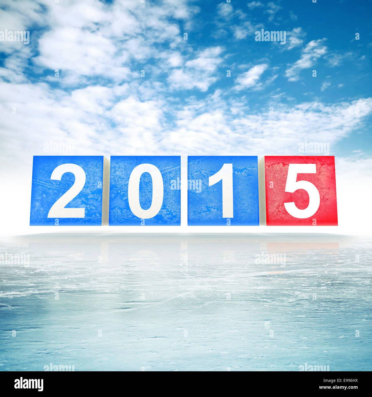 Blue and red shining squares with new 2015 year numbers on frosty cold ...