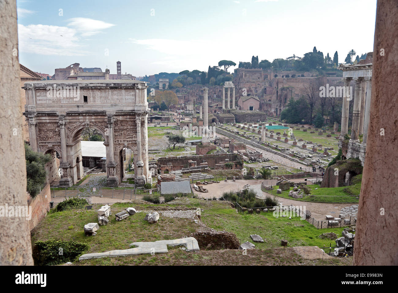 Ruins of the buildings of Roman Forum at the center of the city of Rome ...