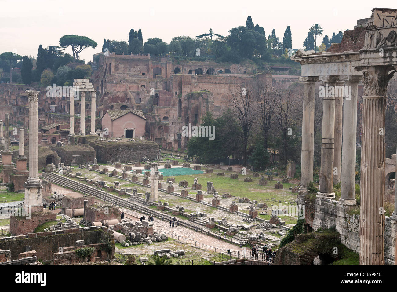 Ruins of the buildings of Roman Forum at the center of the city of Rome ...