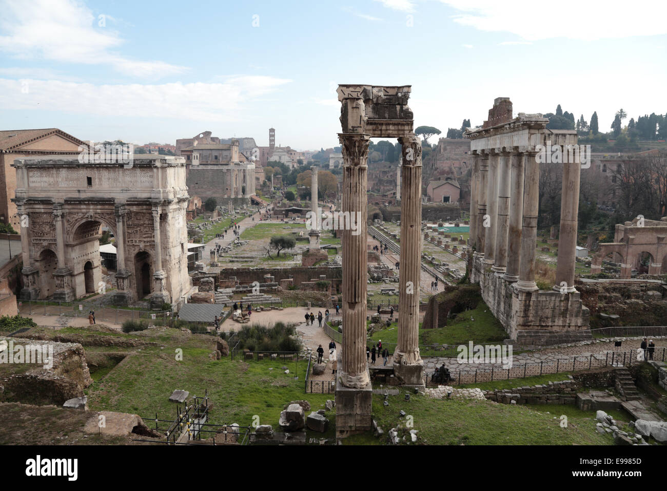 Ruins of the buildings of Roman Forum at the center of the city of Rome ...