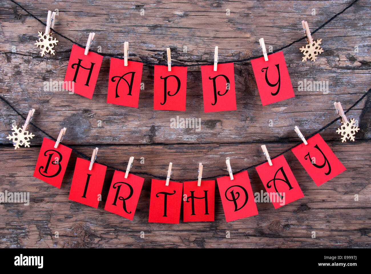 Red Tags Hanging on a Line with the Words Happy Birthday on it, Wooden ...