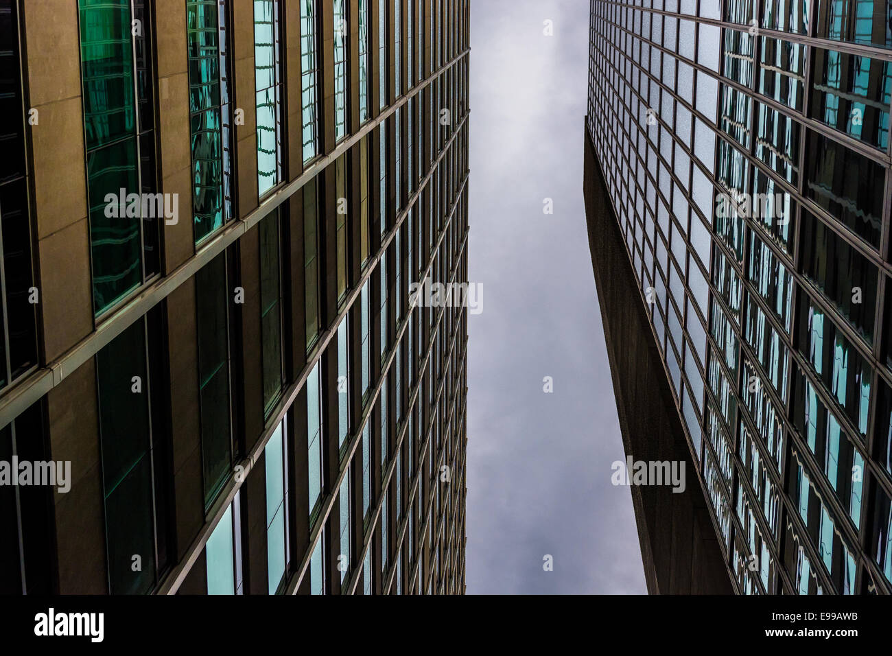 Looking up at modern glass buildings in Philadelphia, Pennsylvania ...