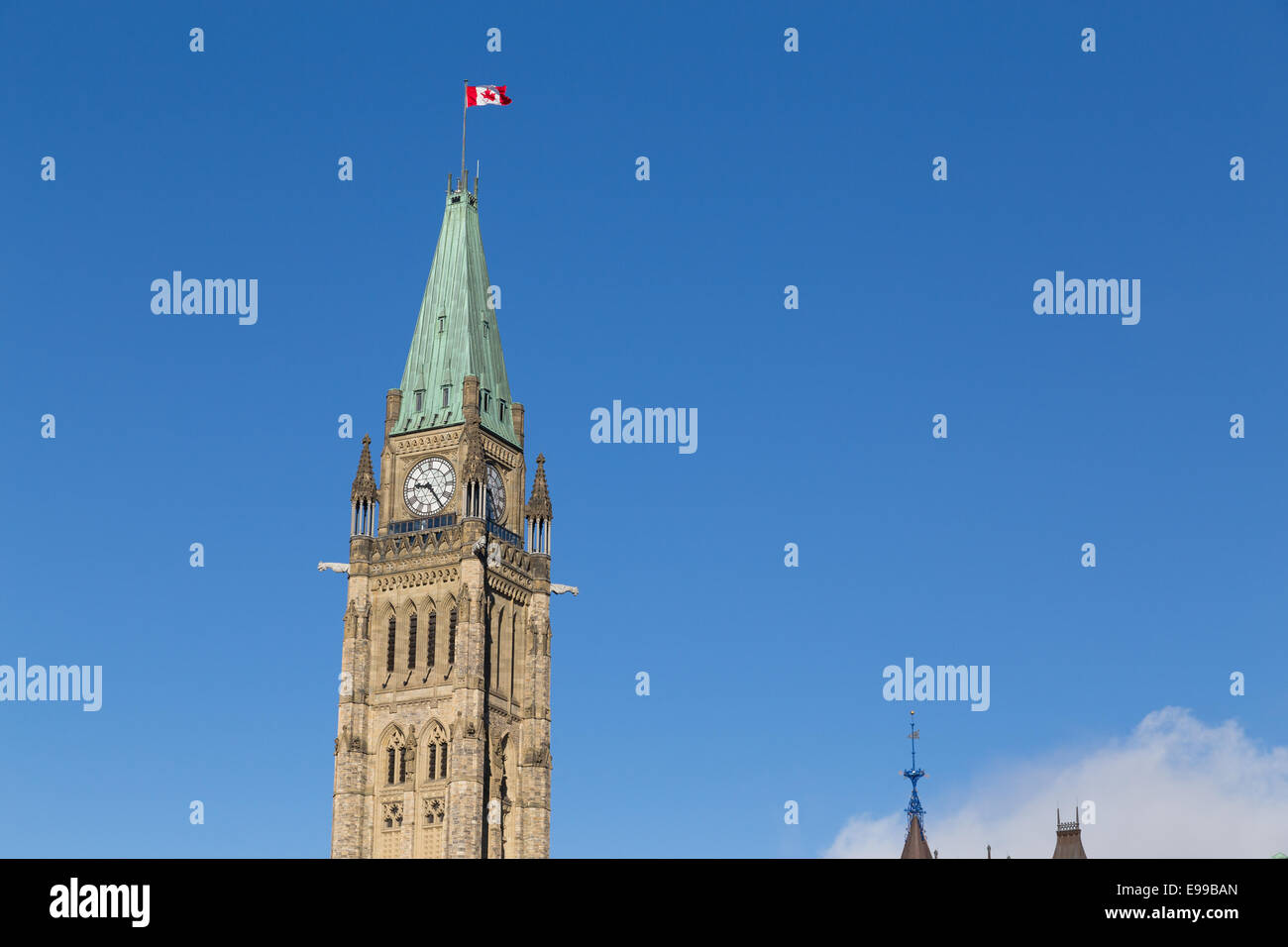 Closeup to the Ottawa Parliament Clock Tower with copy space Stock ...
