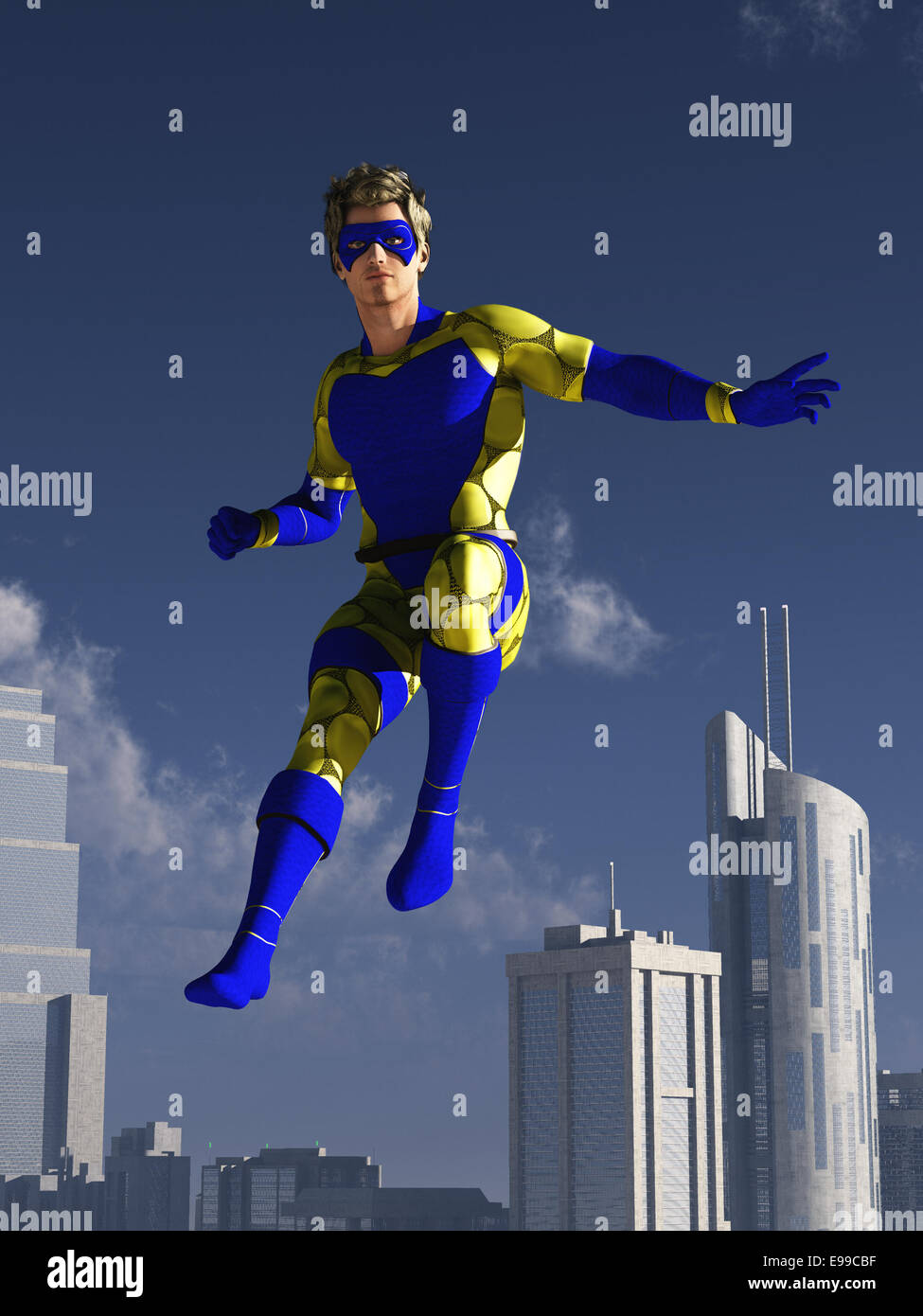 Masked superhero in blue and yellow costume descends towards the city ...