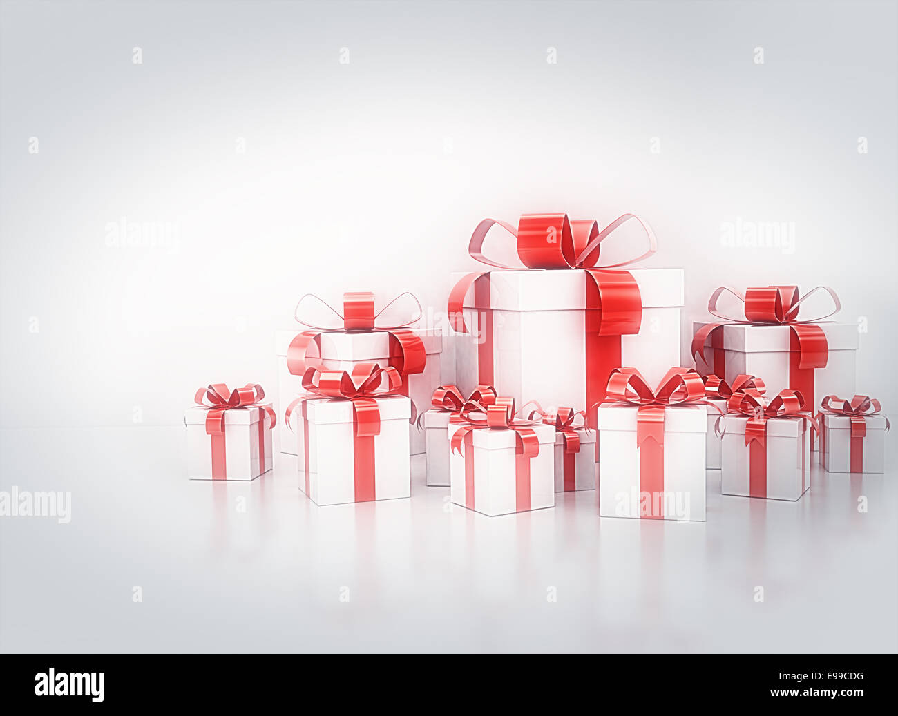 Red ribbon gift boxes celebration background Stock Photo - Alamy