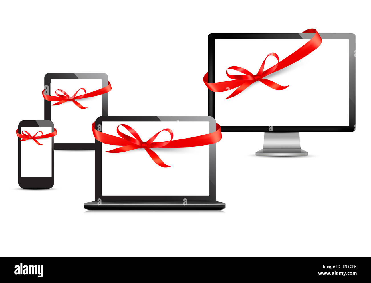 Set of digital devices with gift ribbons and bow. Vector Stock Photo ...