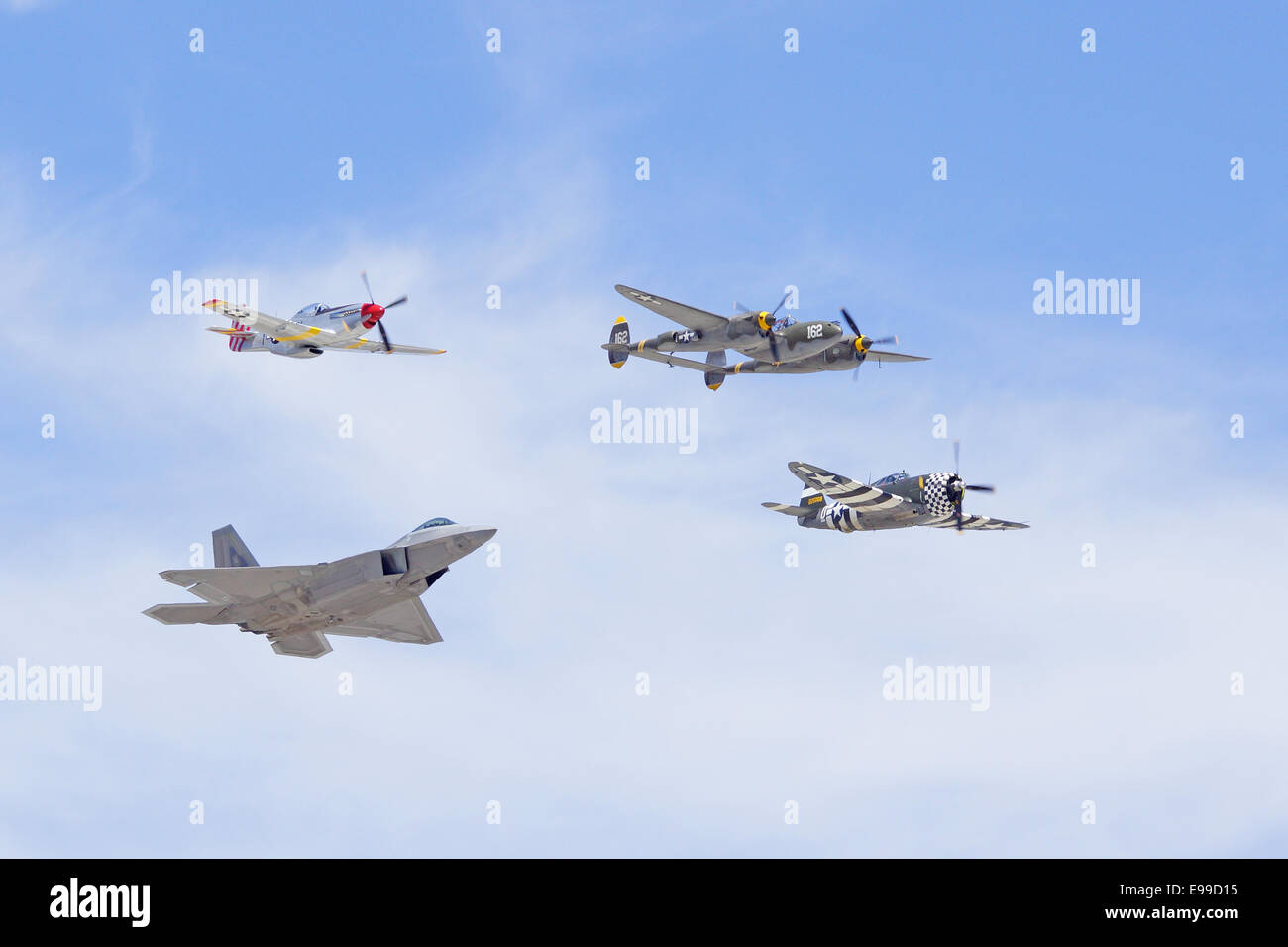 Heritage Flight including US Fighter Aircraft flying at 2014 Planes of ...