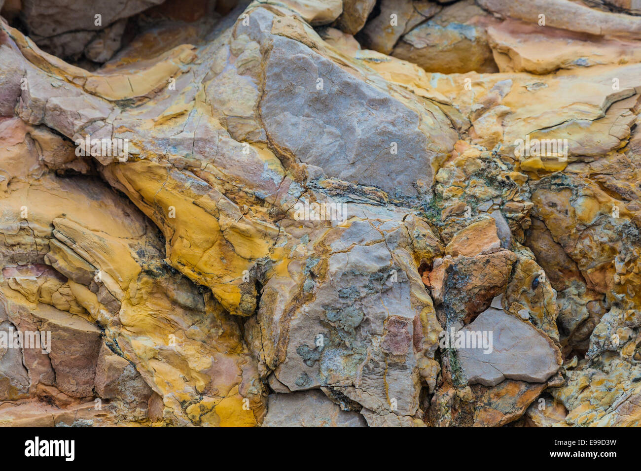 Colourful selection of deposits on a limestone cliff in the Frioul ...