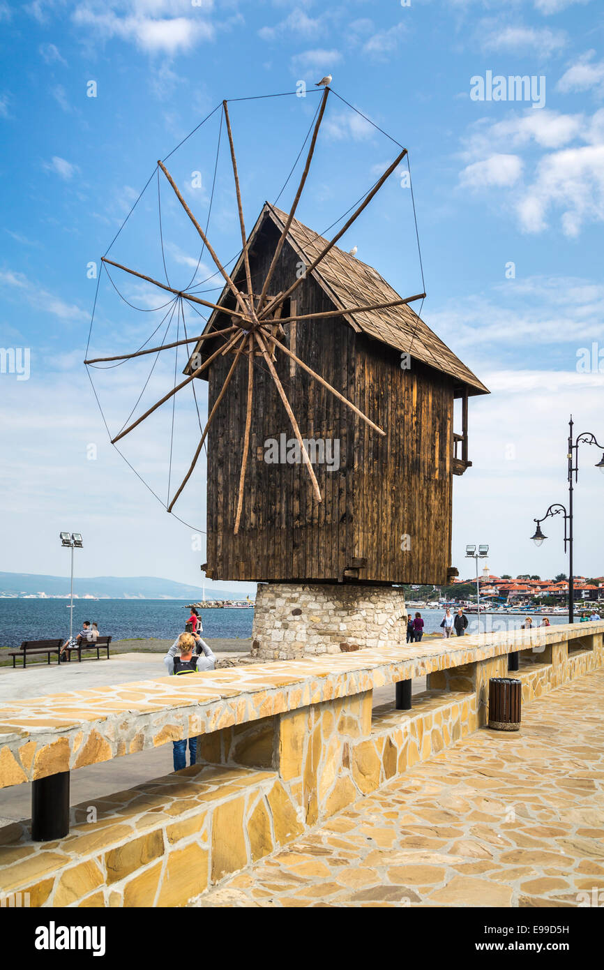 The landmark Nessebar windmill at the entrance to the village in ...