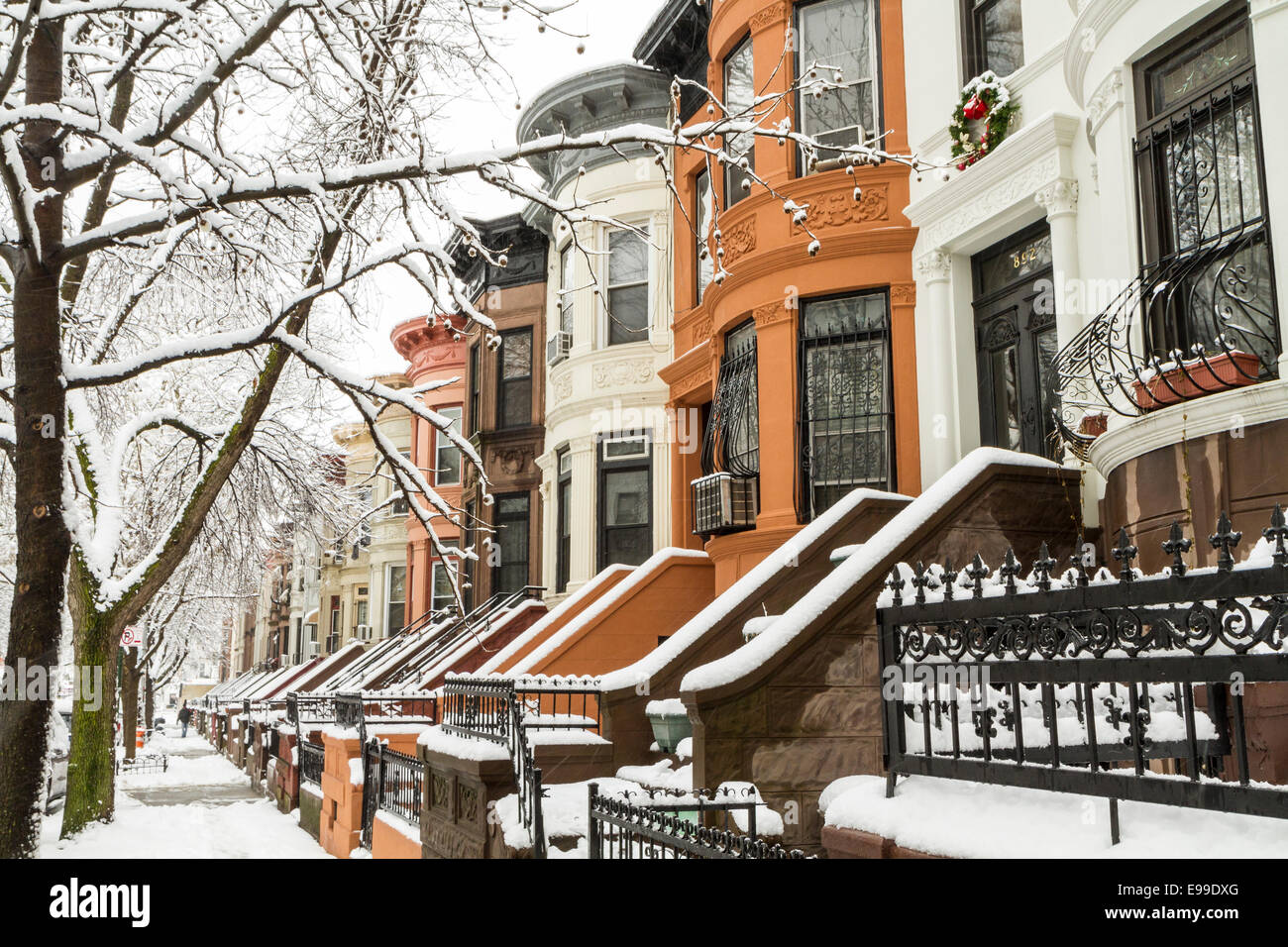 Snow on the trees and the stoops of historic Brownstone apartments in ...