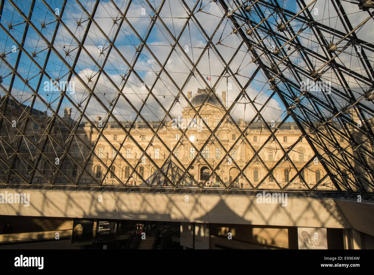 Inside Pyramid entrance at Louvre Museum,at sunset,Paris,France Stock ...
