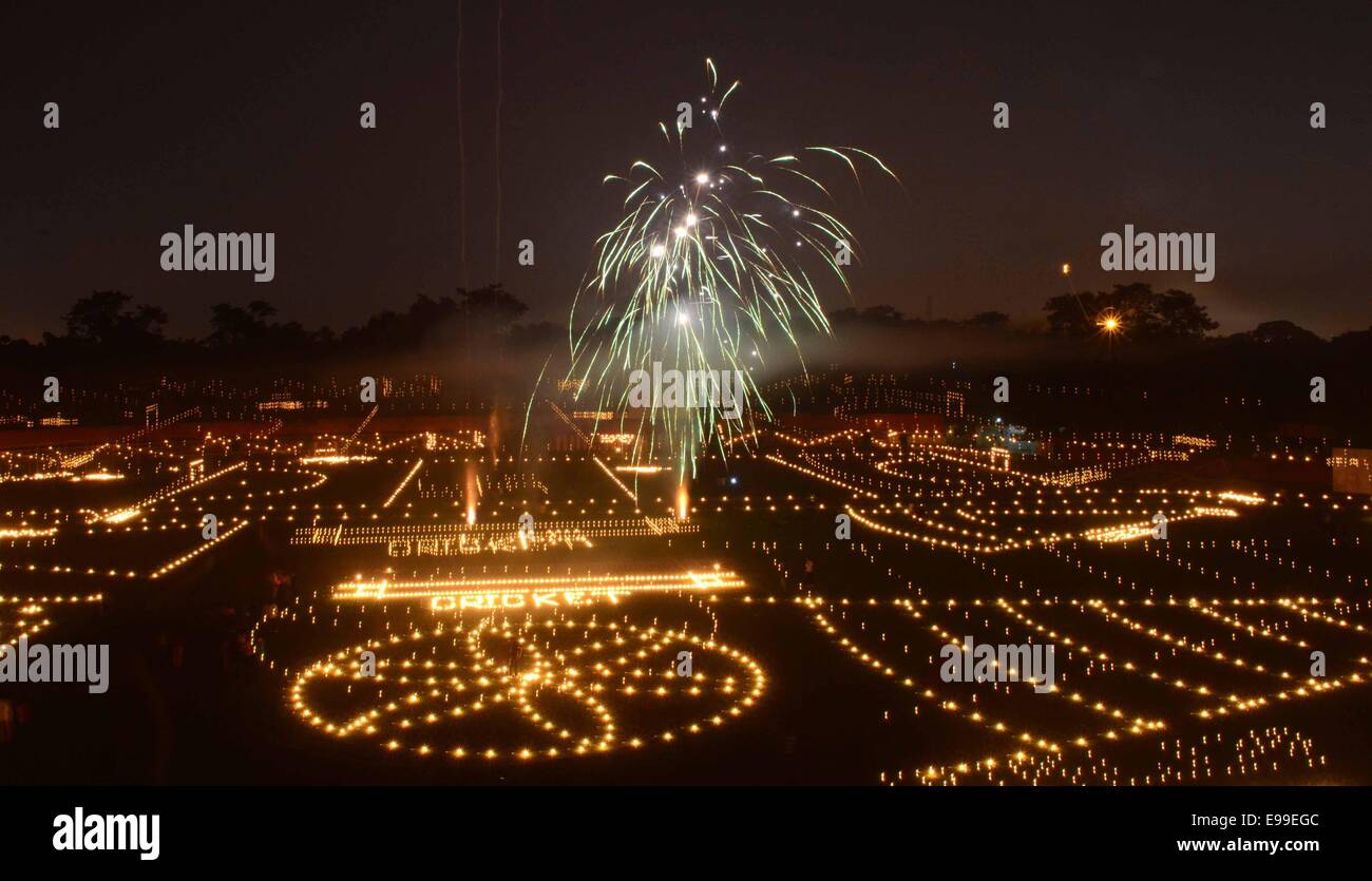 The decorative lit oil lamps at Madan Mohan Malviya Stadium during the ...