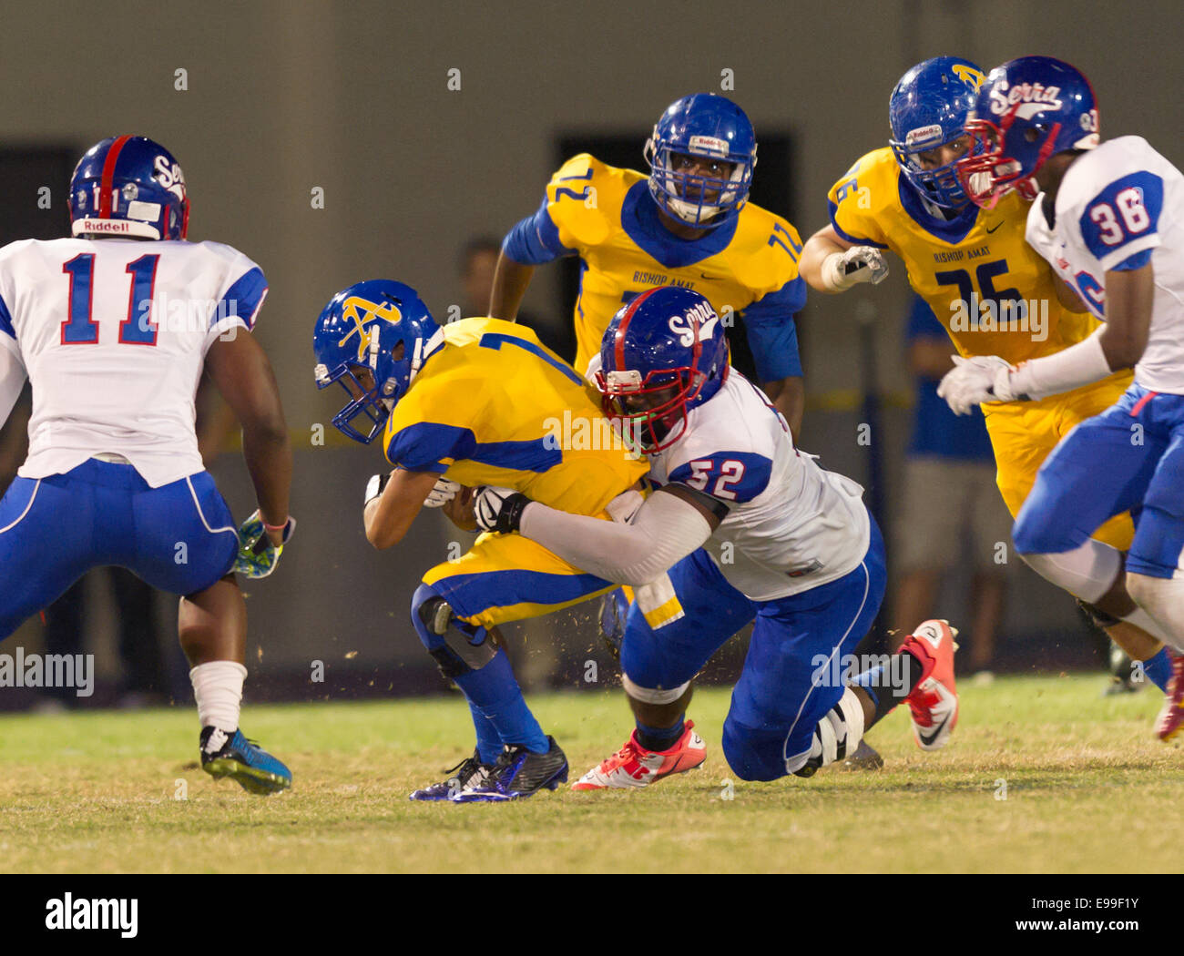 October 4, 2014, La Puente, CA.Gardena Serra cavaliers defensive line ...