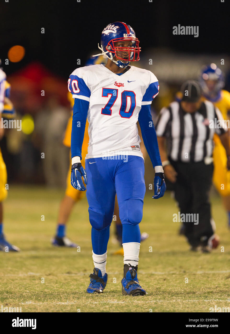 October 4, 2014, La Puente, CA.Gardena Serra cavaliers offenisve line ...