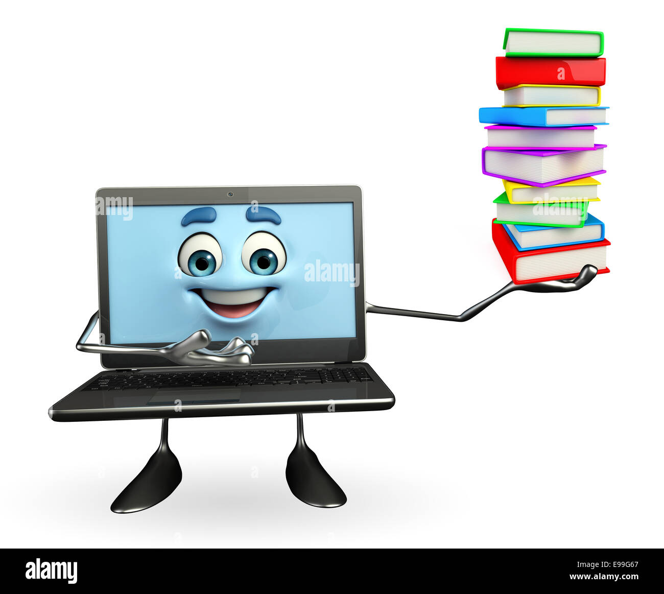 Cartoon character of Laptop with Books pile Stock Photo - Alamy