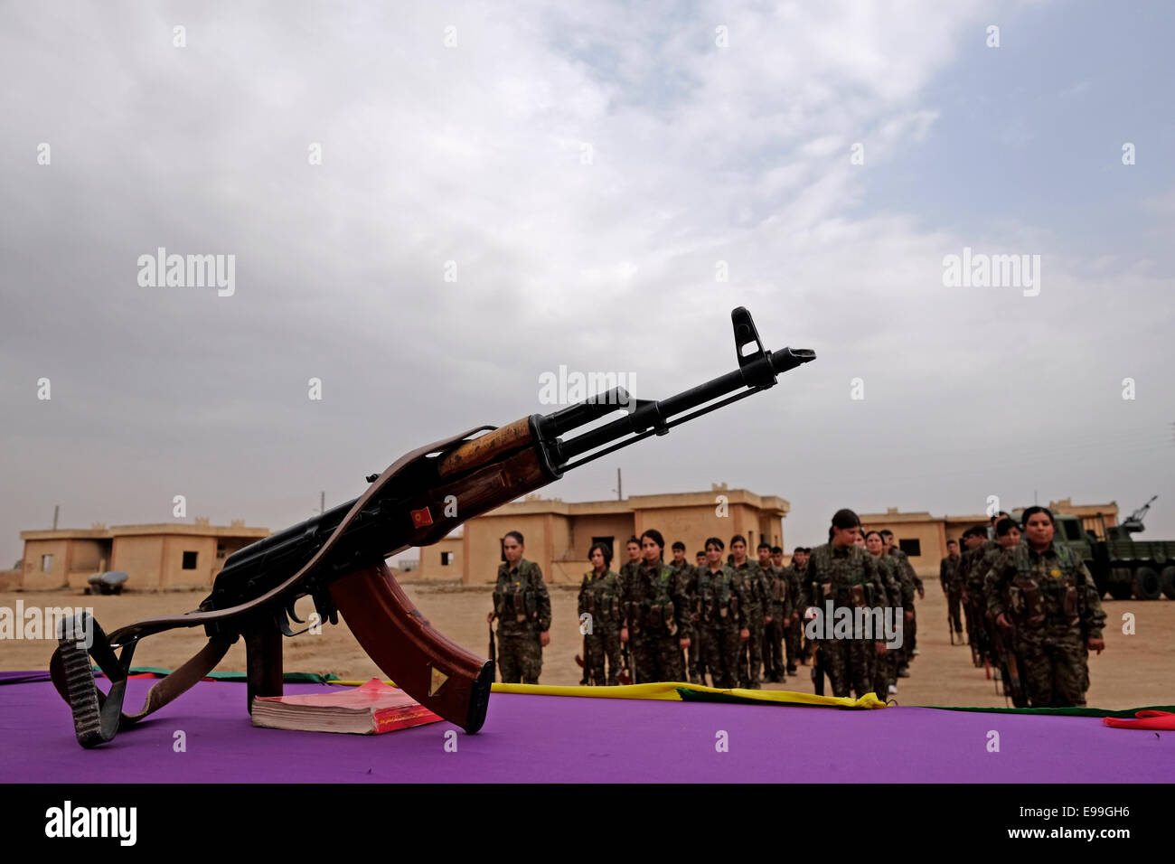 A Kalashnikov ak-47 rifle placed on a table during swearing ceremony of ...