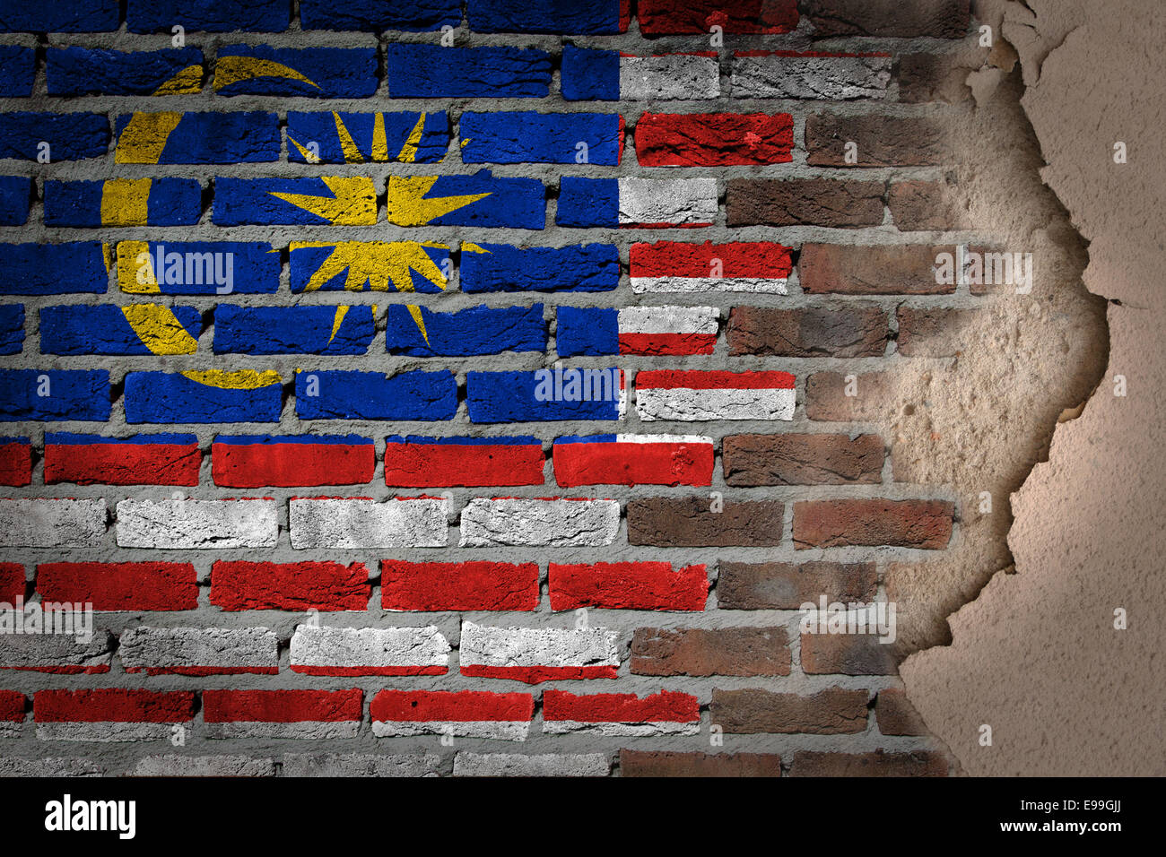 Dark brick wall texture with plaster - flag painted on wall - Malaysia ...