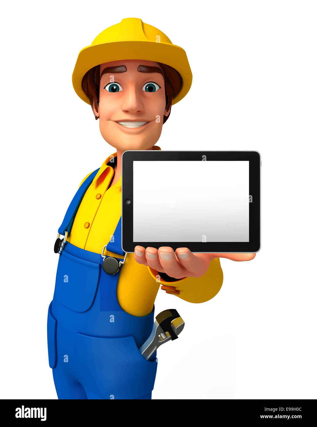Illustration of young mechanic with tab Stock Photo - Alamy