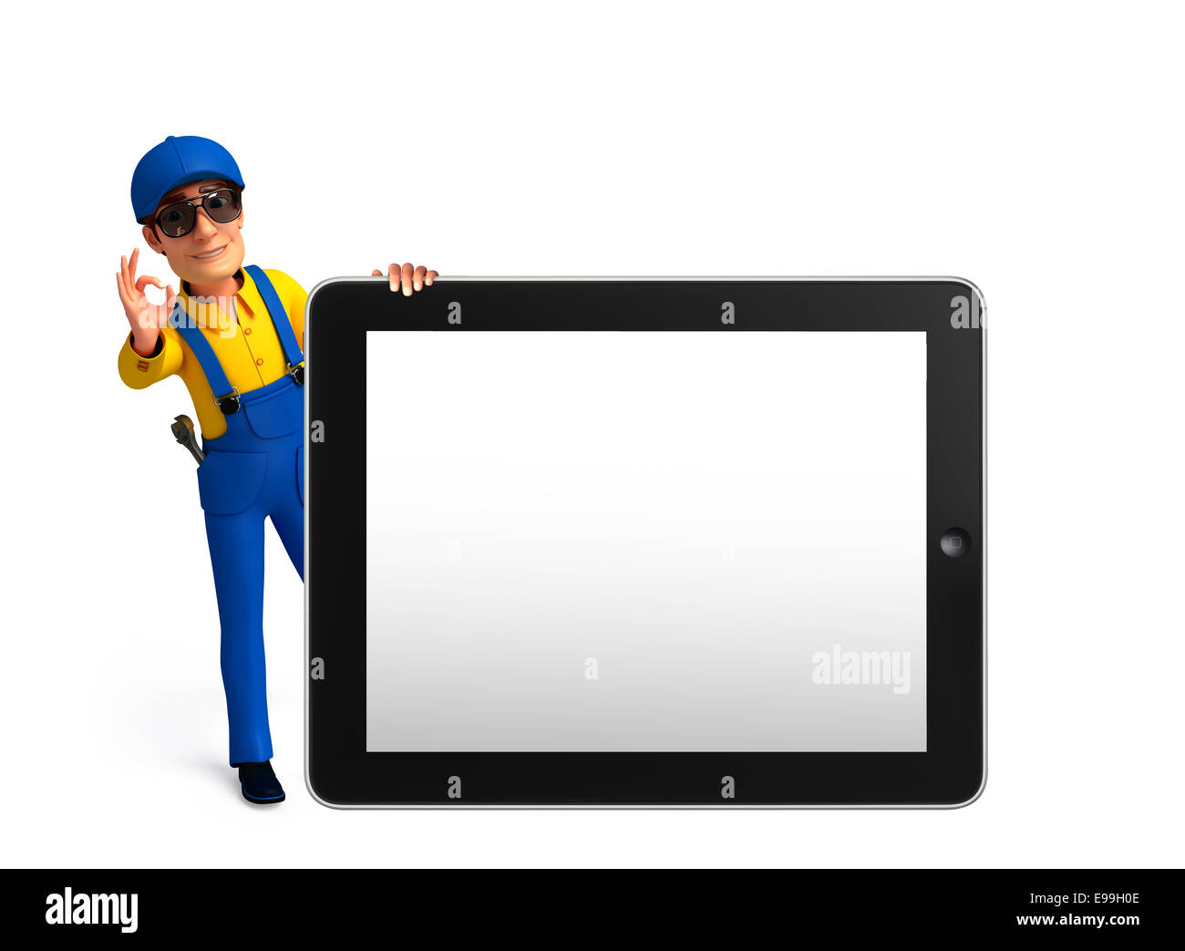 Illustration of young mechanic with tab Stock Photo - Alamy
