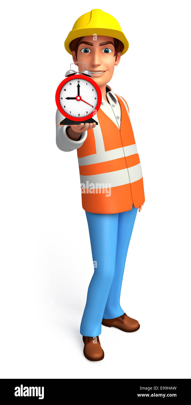 Illustration of young worker with table clock Stock Photo - Alamy