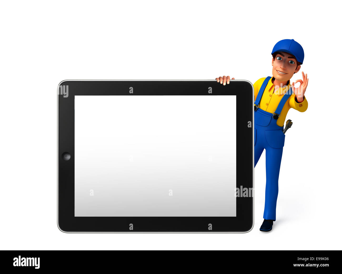 Illustration of young mechanic with tab Stock Photo - Alamy