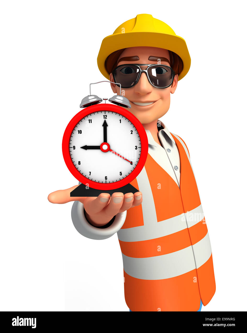 Illustration of young worker with table clock Stock Photo - Alamy
