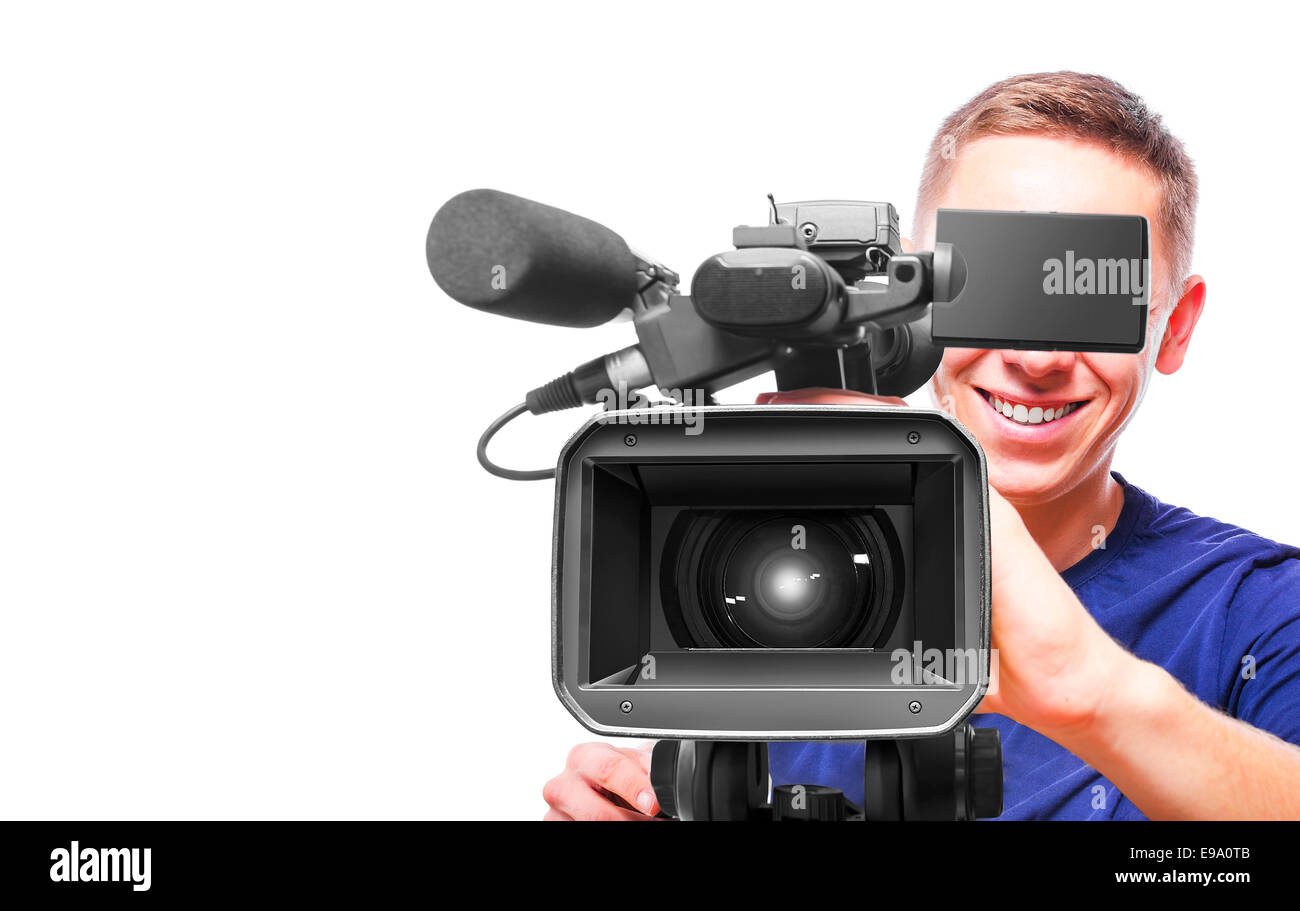 Video camera operator isolated on white background Stock Photo - Alamy