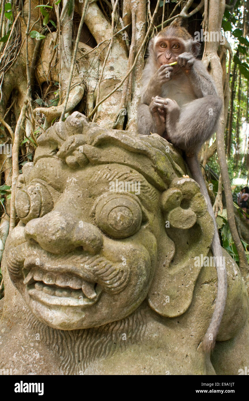 Monkeys having fun on stone statues of Hindu Holy Monkey Forest. Ubud ...