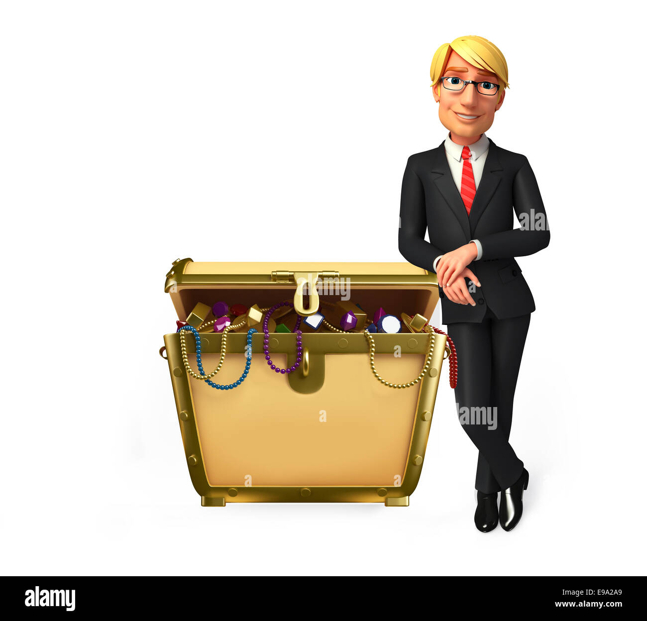 Illustration of Young Business Man with treasure box Stock Photo - Alamy
