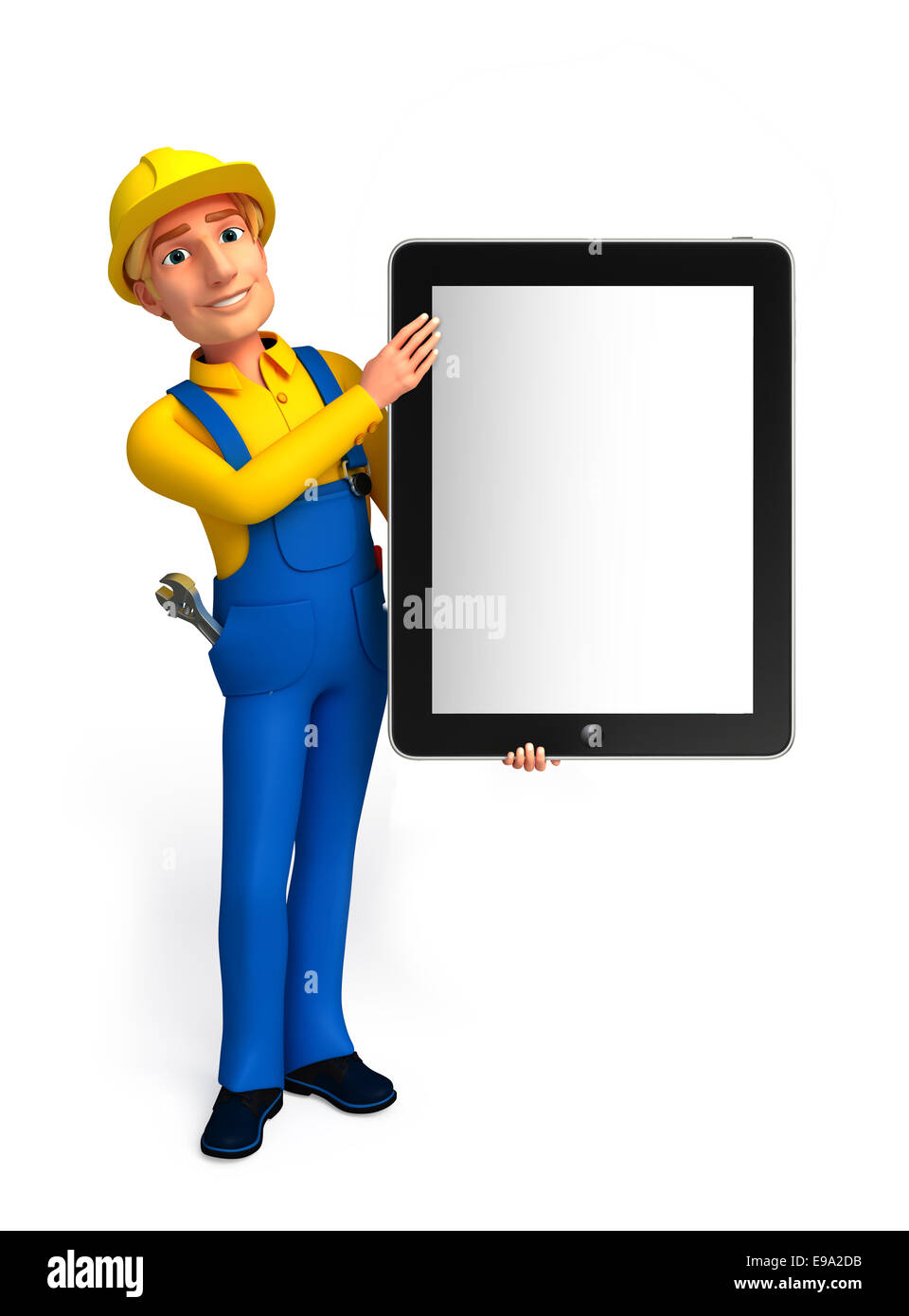 Illustration of young mechanic with tab Stock Photo - Alamy