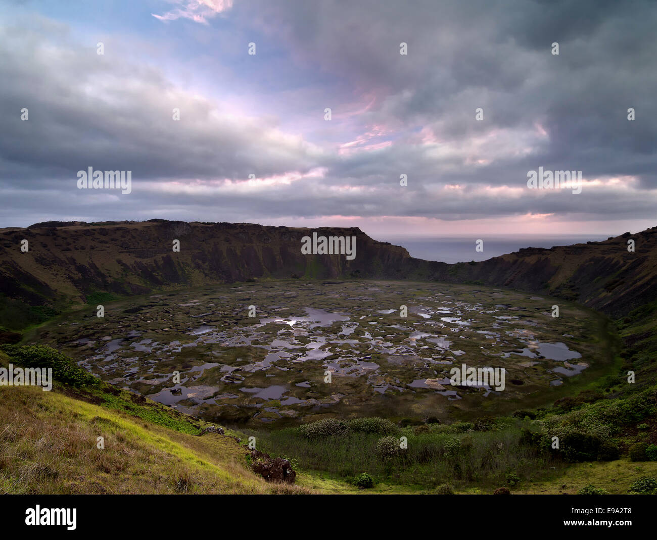 View of the crater of an extinct volcano on Easter Island, Chile, Latin ...