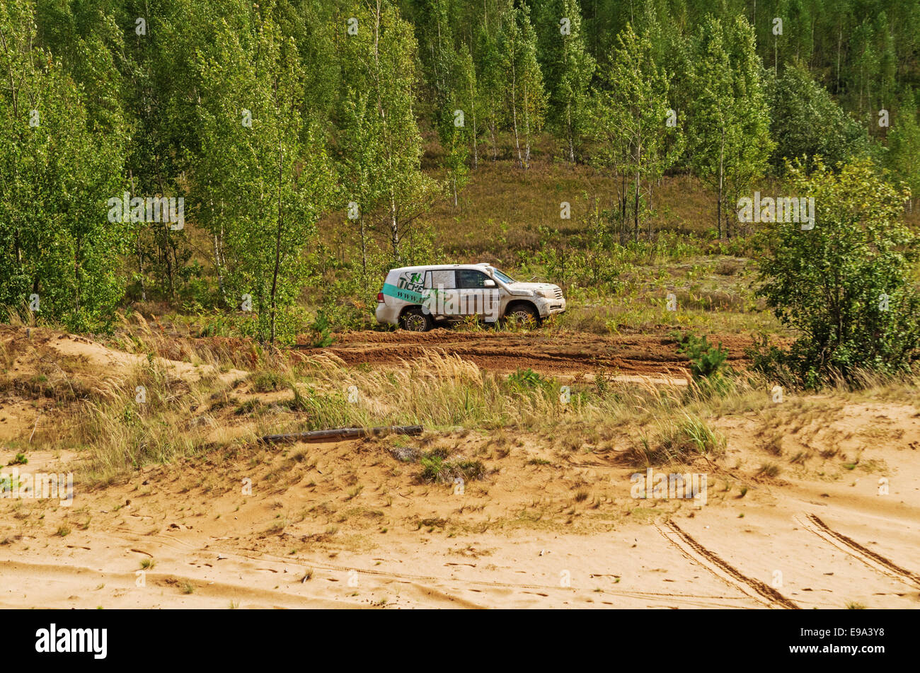 Races on a rally-raid on sandy dunes. Racing car number 210 Stock Photo ...